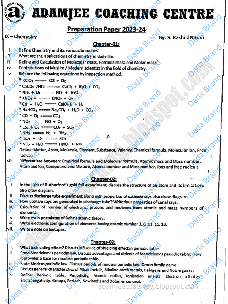 AdamJee Chemistry IX Class Preparation 2024 by | PDF