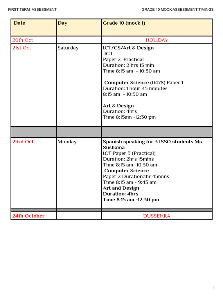 First Term Assessment - Grade 10 Mock Assessment Timings | PDF