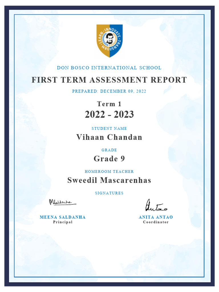 First Term Assessment Report Grade 9 Chandan Vihaan Vihaan 2022-12-09 ...