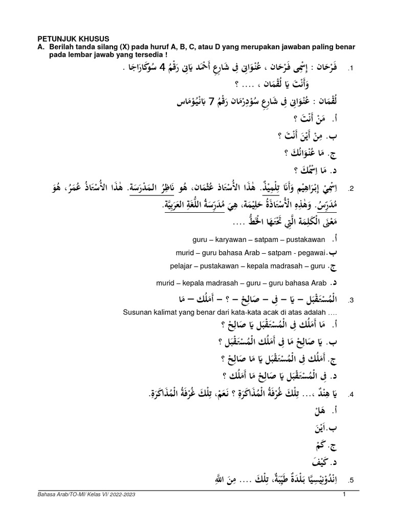 5. Soal TO Bhs. Arab Kelas 6 Th.22-23 | PDF