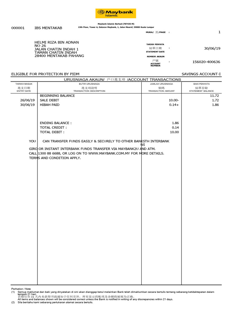 Maybank Islamic Account Statement Summary | PDF | Debit Card | Business
