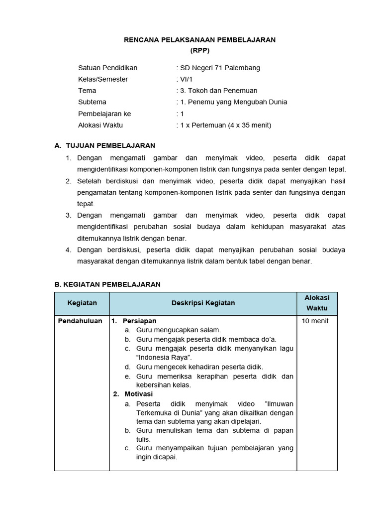 Rencana Pelaksanaan Pembelajaran (RPP) | PDF | Teknologi & Rekayasa