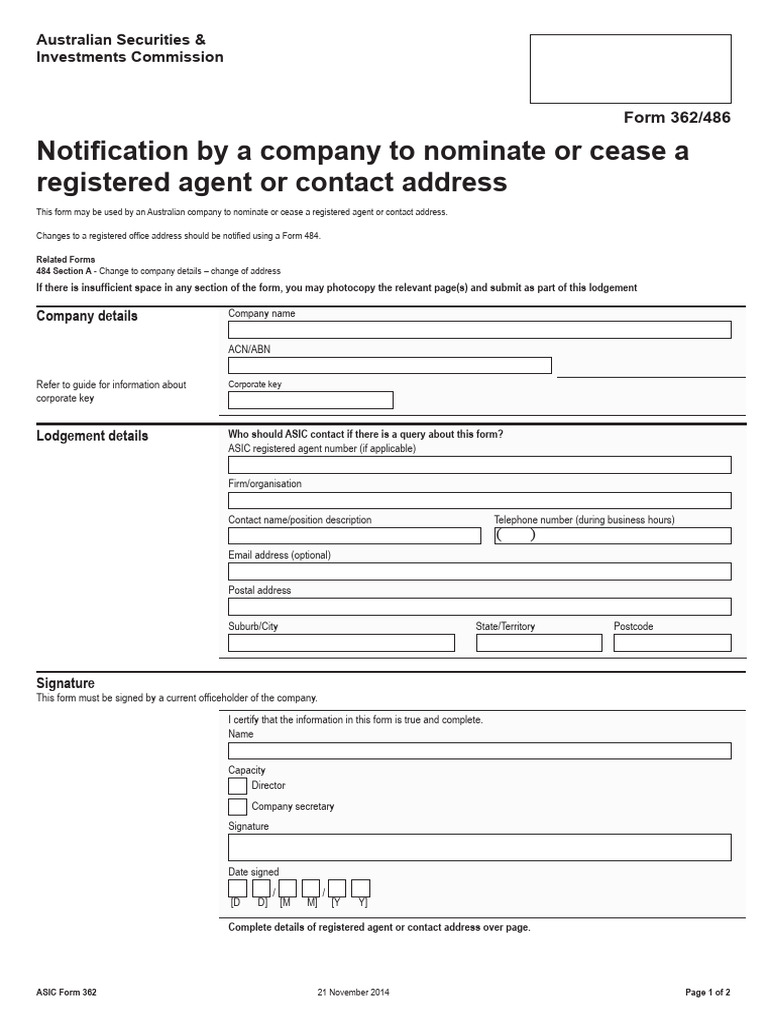 362 Form - Appoint ASIC Agent | PDF | Registered Agent