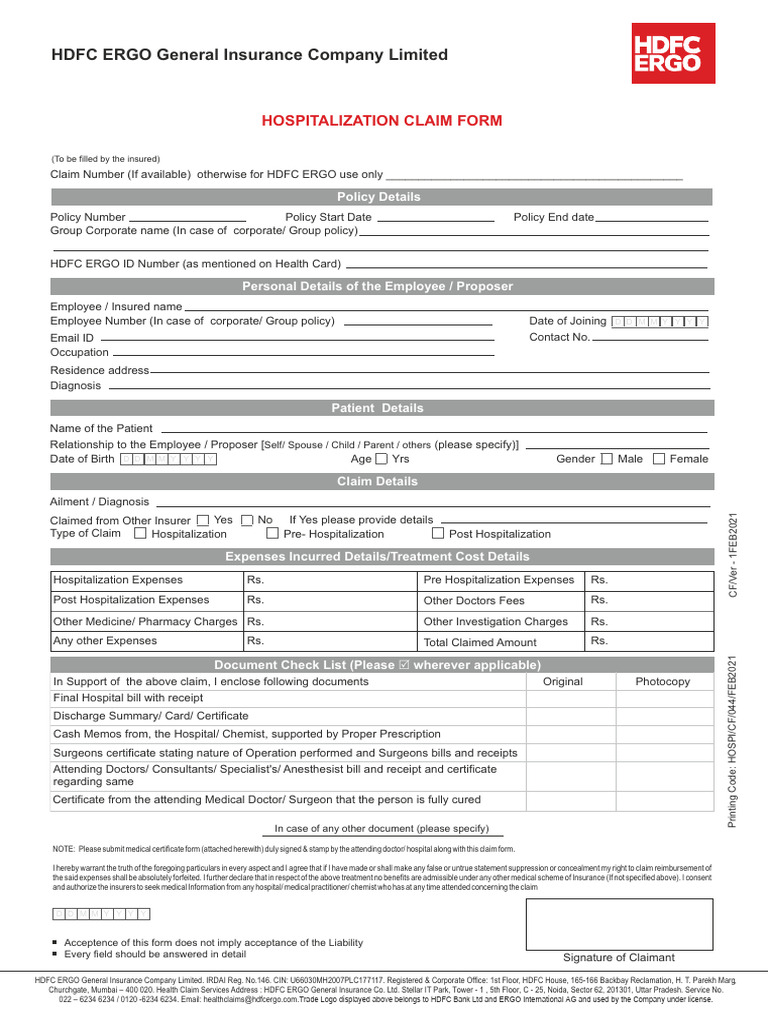 Hospitalization Claim Form | PDF | Hospital | Insurance
