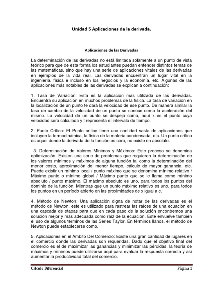 Unidad 5 Aplicaciones de La Derivada | PDF | Derivado | Calculo diferencial