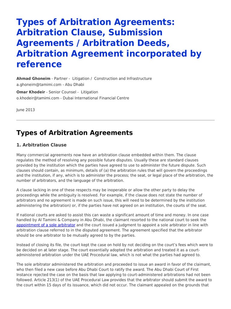 Types of Arbitration Agreements - Arbitration Clause, Submission Agreements - Arbitration Deeds ...