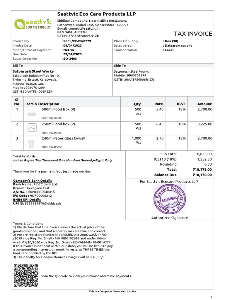 VegNonVeg Invoice for Saattvic Ecocare | PDF | Invoice | Payments