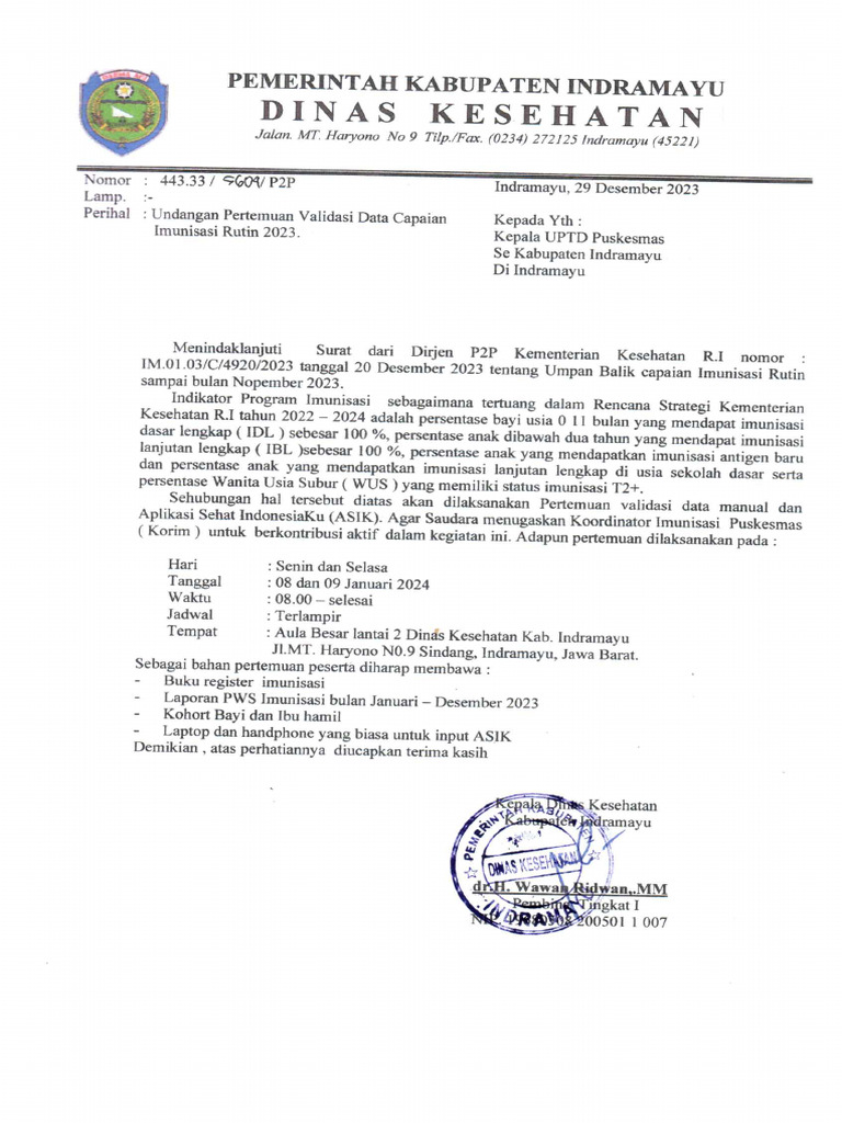 Undangan Pertemuan Validasi Data Capaian Imunisasi Rutin 2023 | PDF