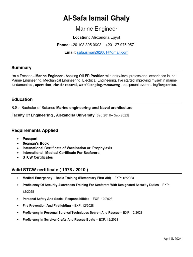 Oiler - Alsafa Ismail CV | PDF | Engineering | Sailor