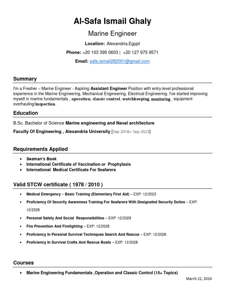 Aspiring Marine Engineer Resume | PDF | Engineering | Sailor