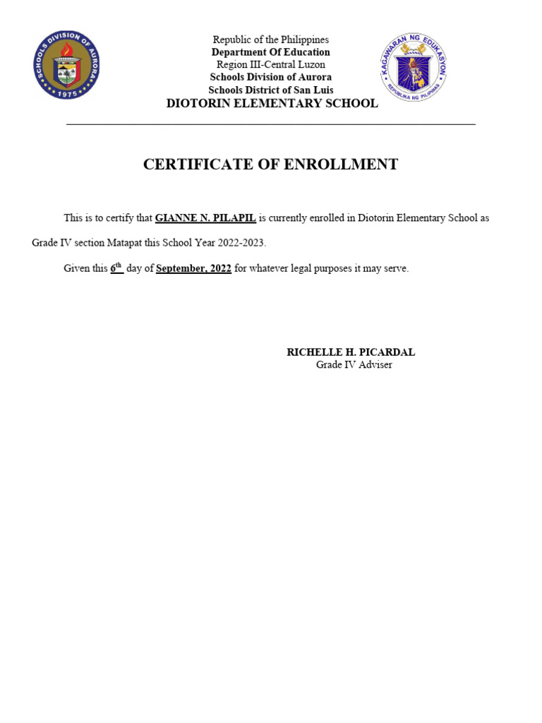 Certificate of Enrollment | PDF | Social Science