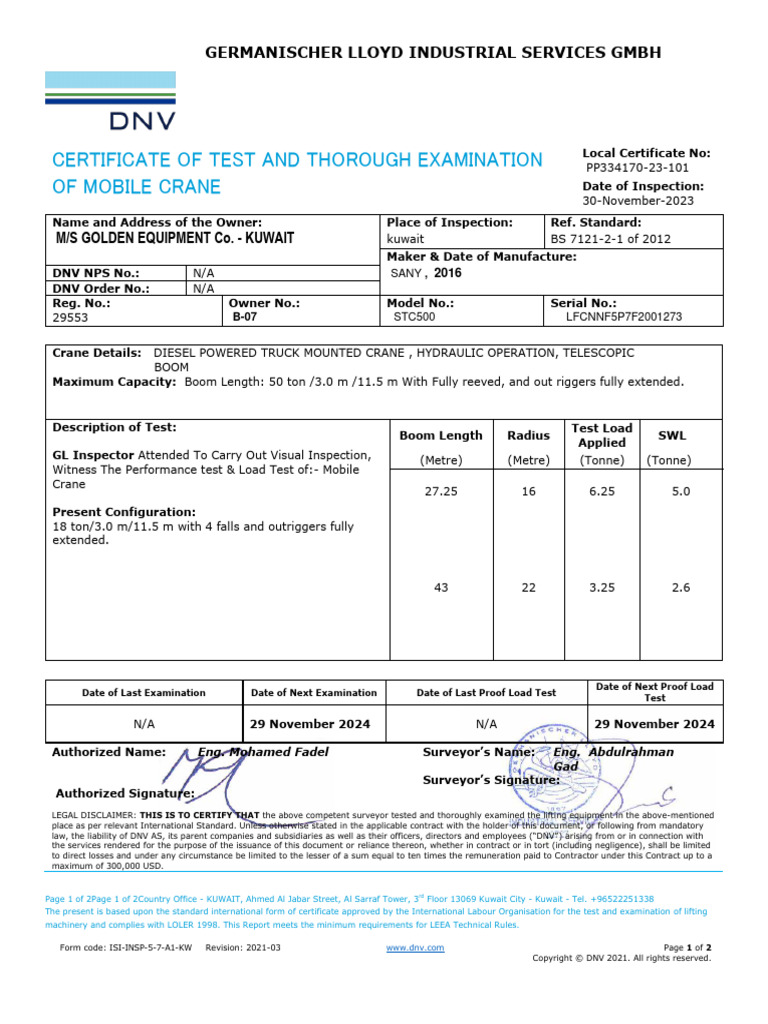 Certificate of Test and Thorough Examination of Mobile Crane | PDF ...