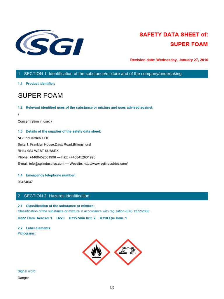 SDS Super Foam | PDF | Volatile Organic Compound | Water