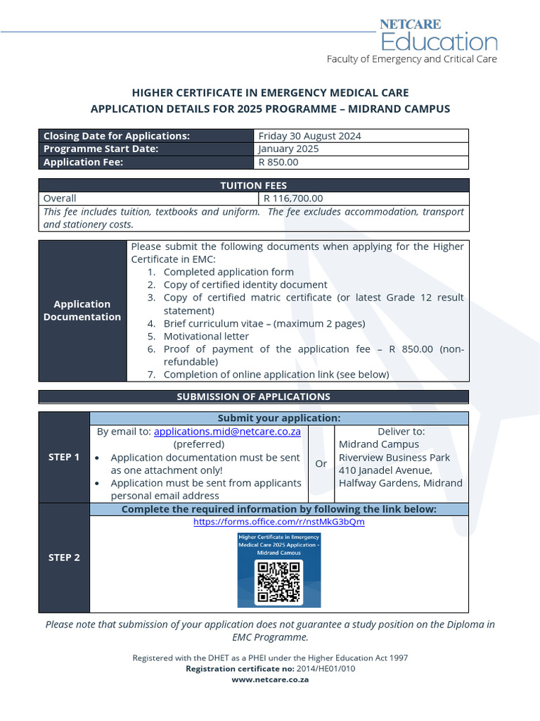 Higher Certificate in EMC 2025 Application Details Midrand Campus | PDF