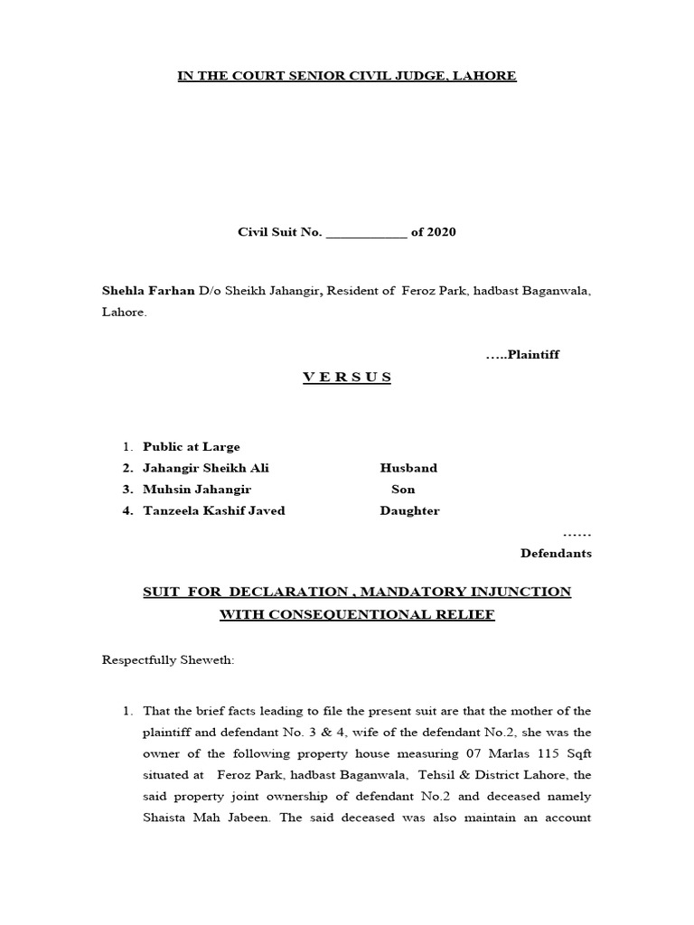 Suit For Declaration (Jahangeer) | PDF | Lawsuit | Civil Law (Common Law)