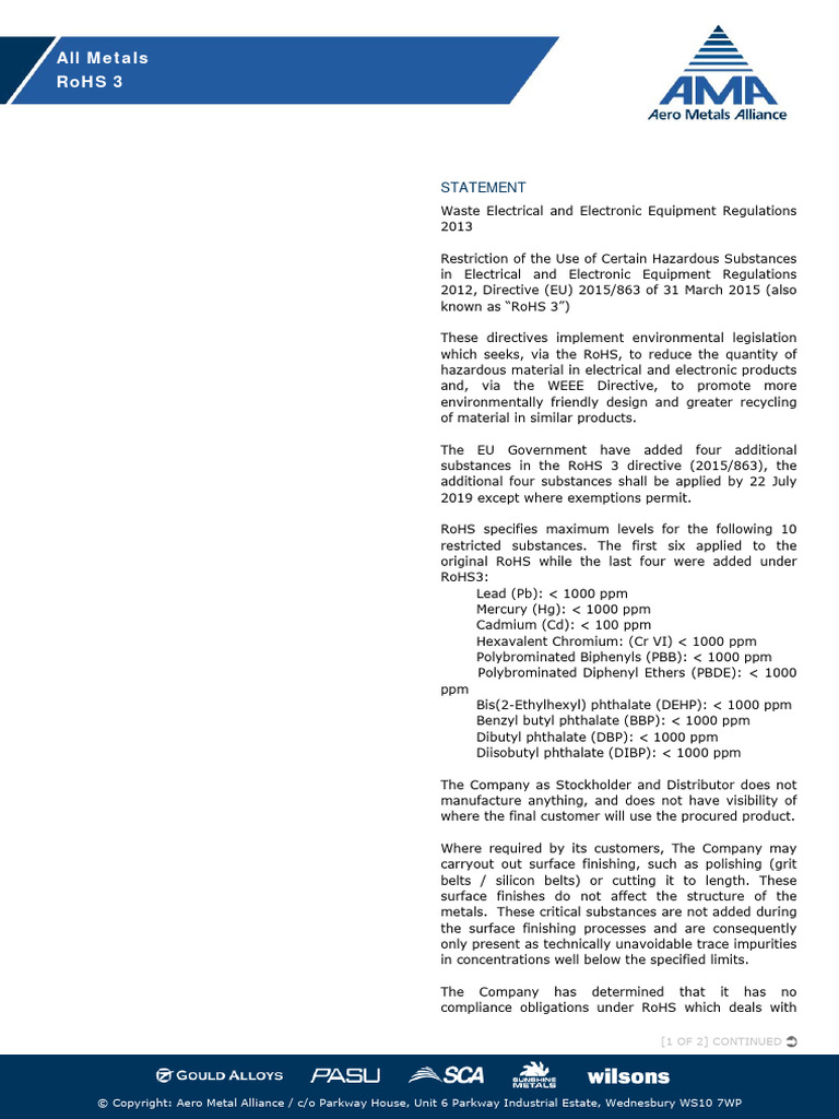 Aero Metal Alliance - All Metals RoHS 3 - 124 | PDF | Human Impact On The Environment | Materials