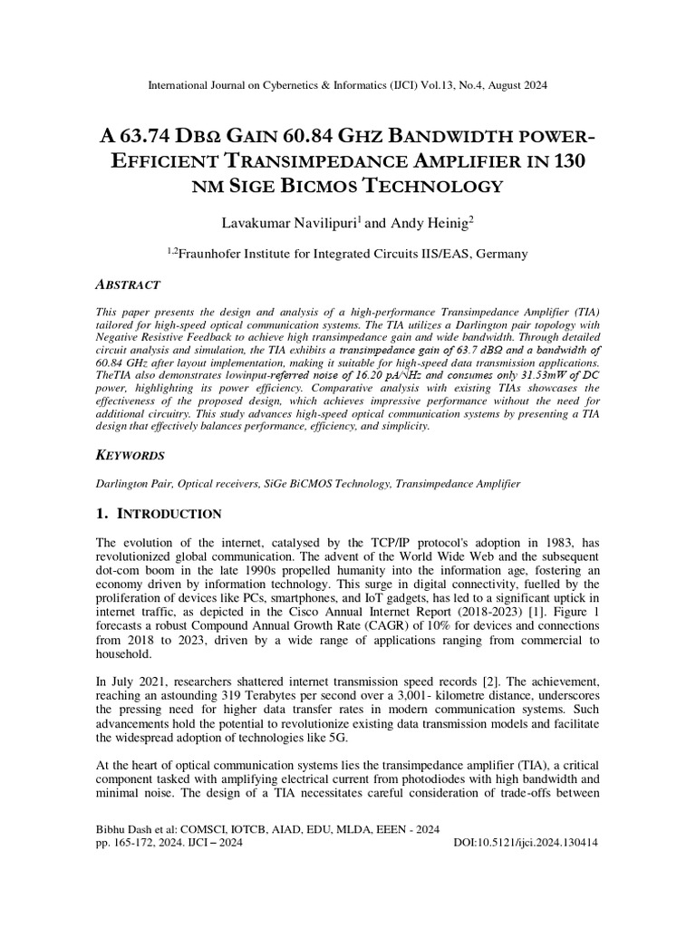 A 63.74 DBΩ GAIN 60.84 GHZ BANDWIDTH POWEREFFICIENT TRANSIMPEDANCE ...