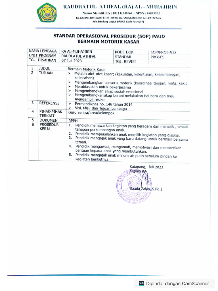 7.1. SOP Bermain Motorik Kasar | PDF