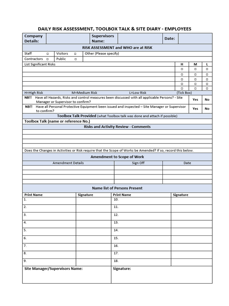 Daily Risk Assessment & Toolbox Talk | PDF | Occupational Safety And ...