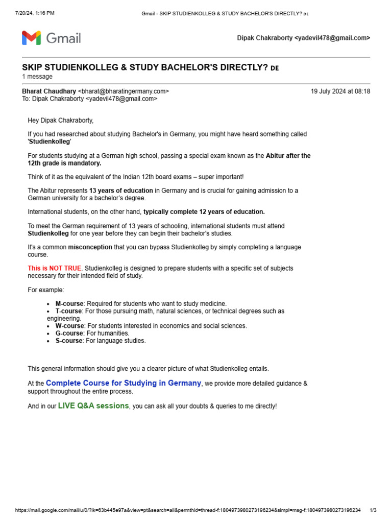 Gmail - SKIP STUDIENKOLLEG & STUDY BACHELOR'S DIRECTLY - ?? | PDF ...