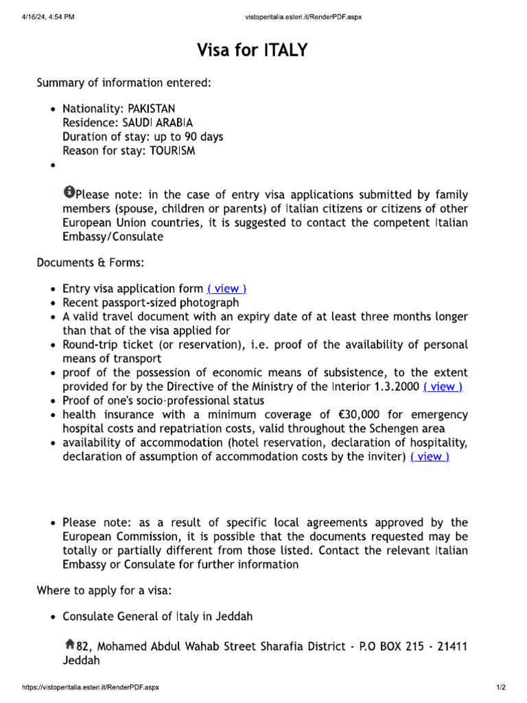 Italy Tourism Visa Requirment For Pakistani | PDF