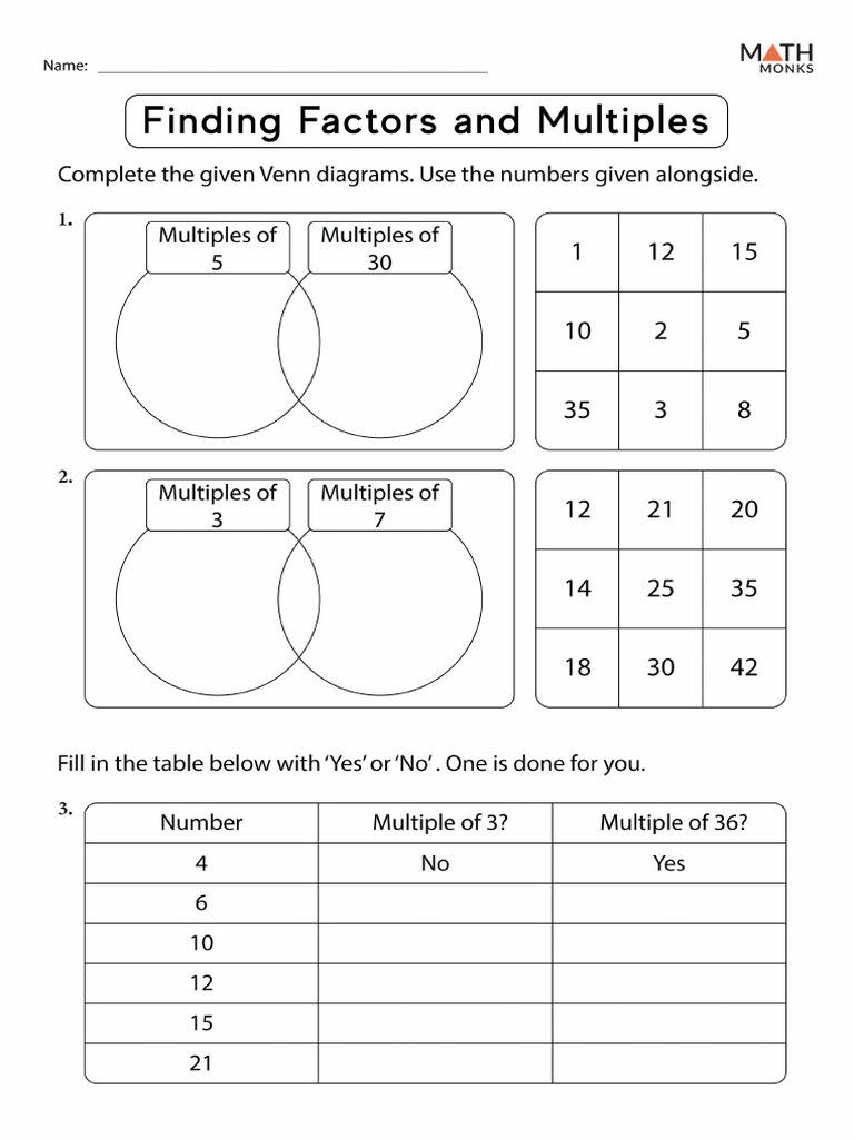 Math Worksheets Factors and Multiples | PDF