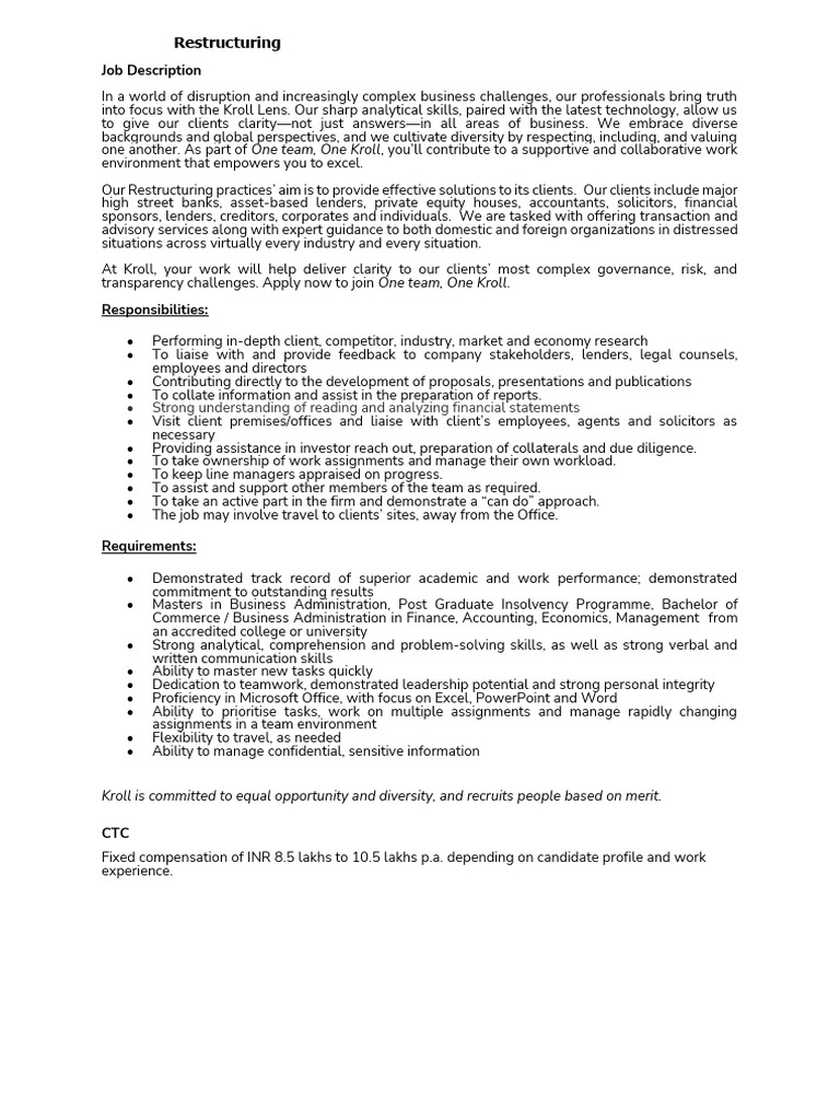 Kroll - JD Analyst - Restructuring | PDF | Financial Analyst | Business