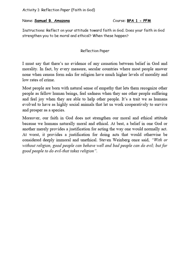 Activity 4 - Reflection Paper (Faith in God) | PDF | Faith | Morality