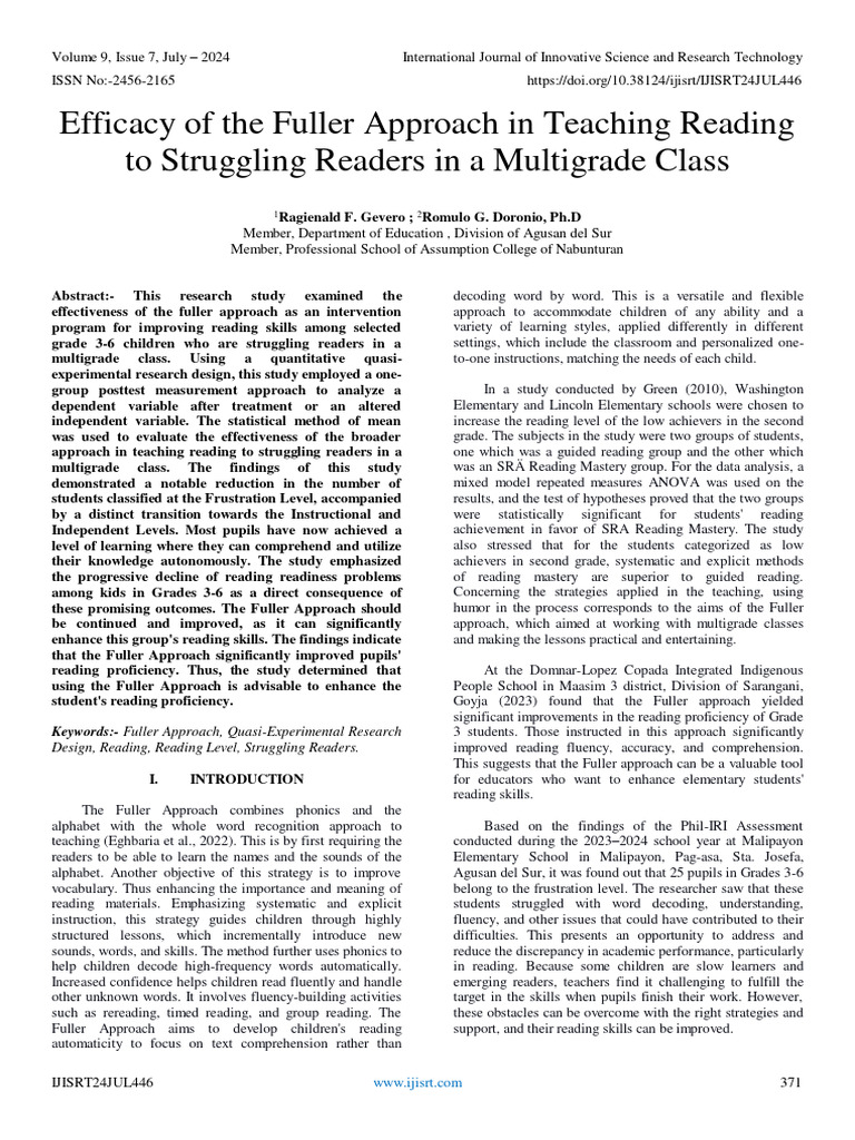 Efficacy of The Fuller Approach in Teaching Reading To Struggling Readers in A Multigrade Class ...