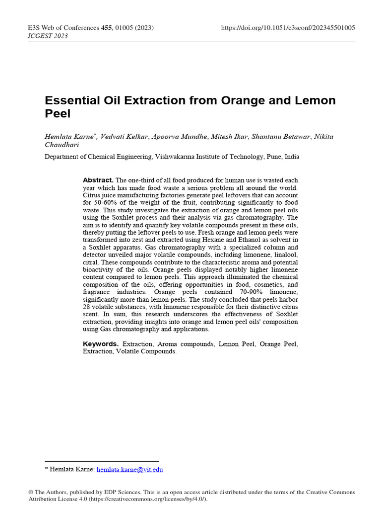 Essential Oil Extraction From Orange and Lemon Pee | PDF | Essential ...