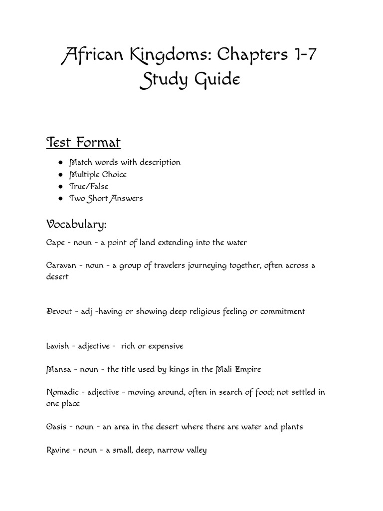 African Kigdoms Chapters 1-7 Study Guide | PDF | Africa