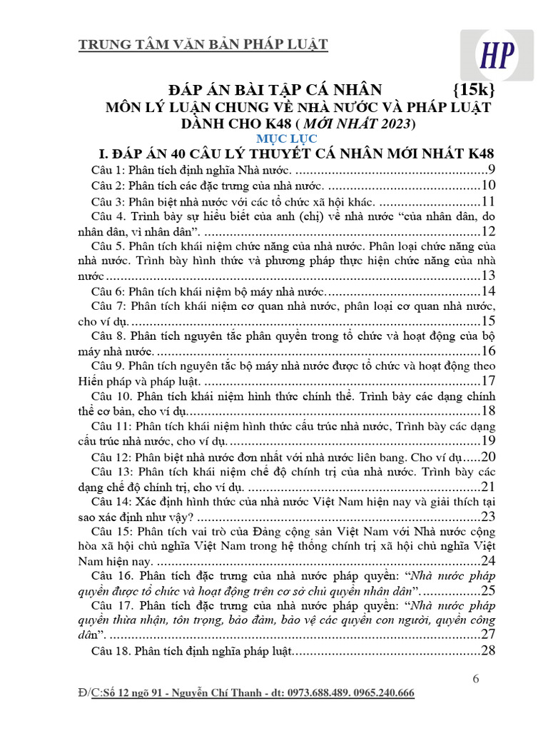 ĐỀ CƯƠNG LÝ LUẬN CÁ NHÂN 2023 K48 | PDF