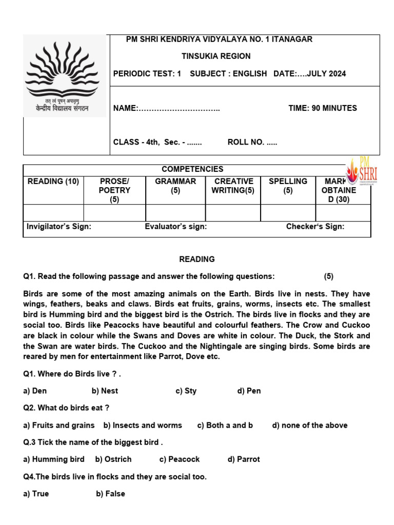 English Periodic Test for 4th Grade | PDF | Birds | Ornithology