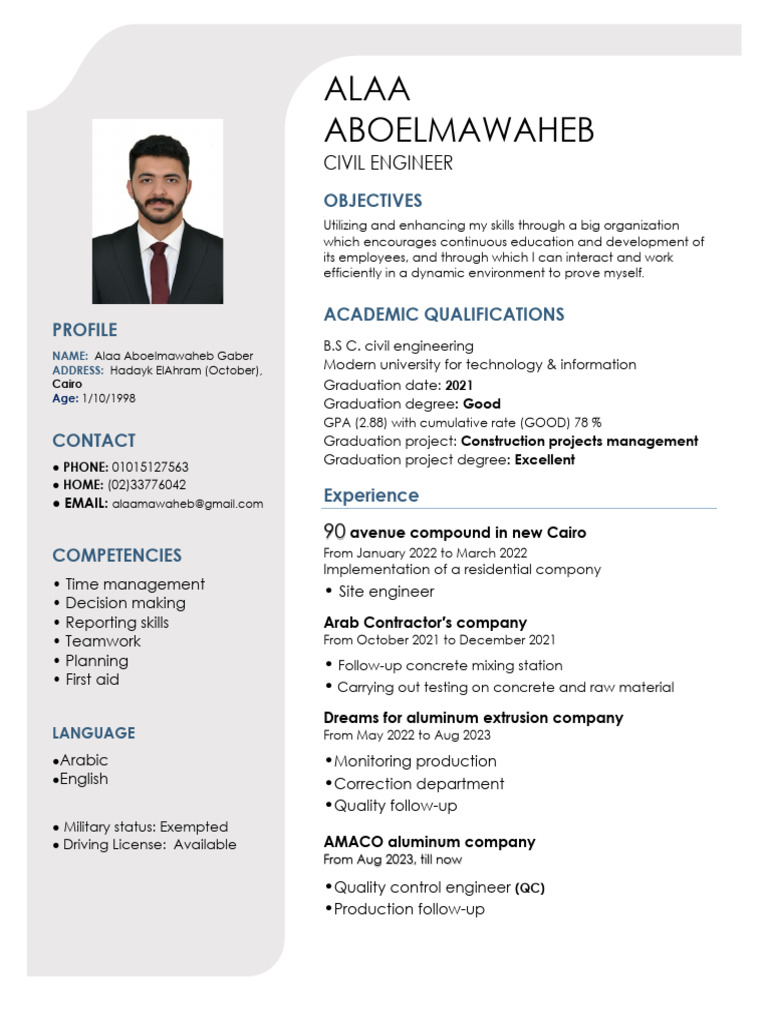 CV Alaa Aboelmawaheb 55555 | PDF | Engineer | Engineering