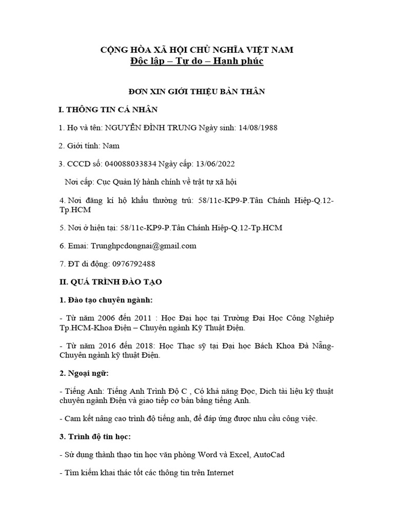 Mau Thu Gioi Thieu Ban Than | PDF