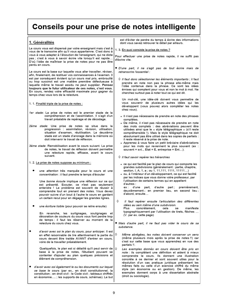 Prise de notes efficace en cours | PDF