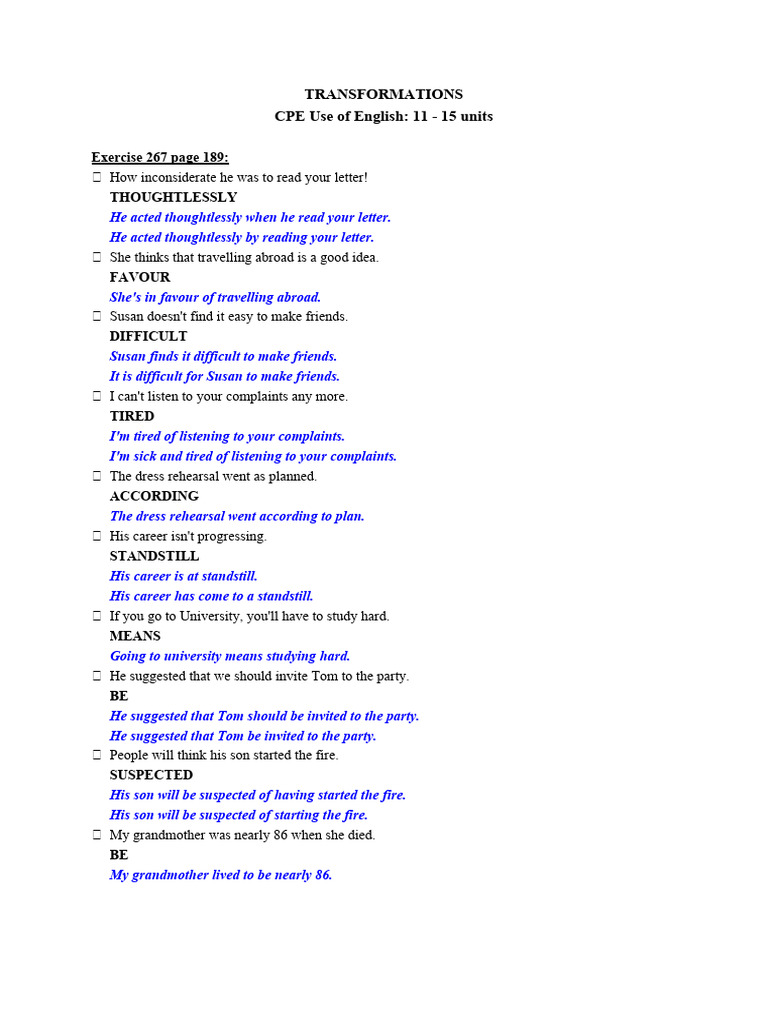 Transformations - CPE Use of English - Units 11-15 | PDF