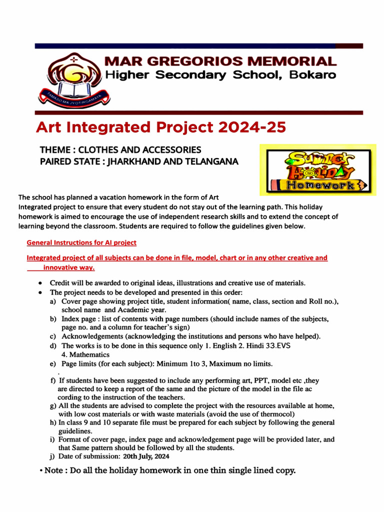 Art Integrated Project 2024-25 For Class 1 | PDF | Homework | Learning
