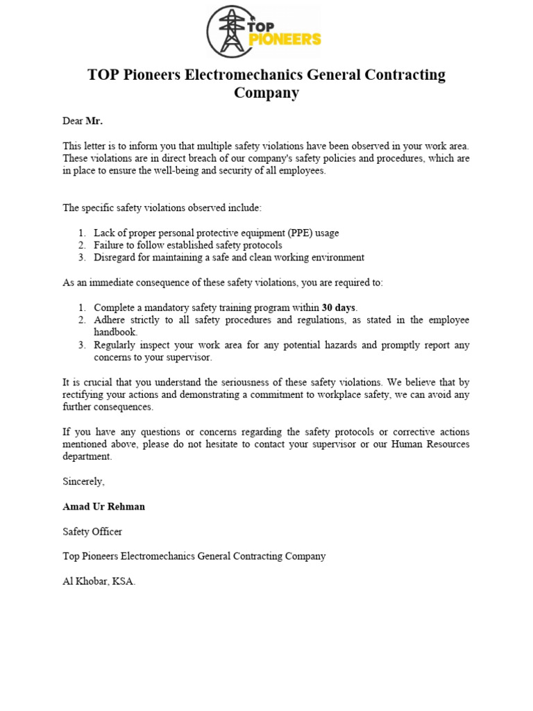 Safety Voliation Letter | PDF