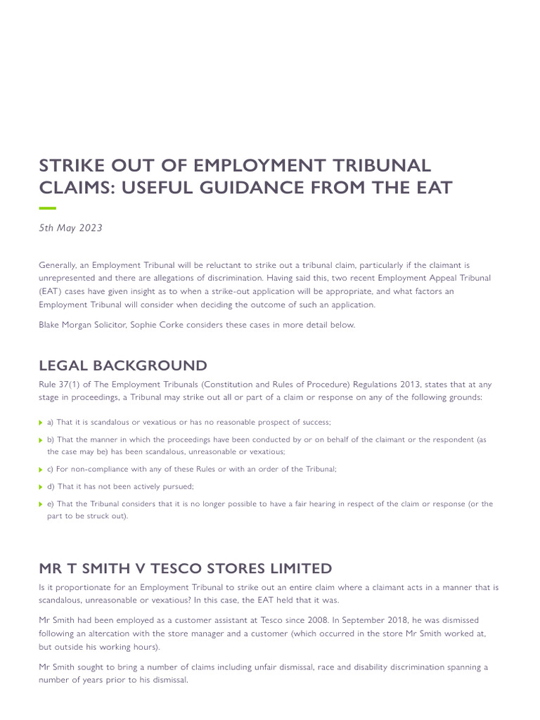 Strike Out of Employment Tribunal Claims - Useful Guidance From The EAT ...