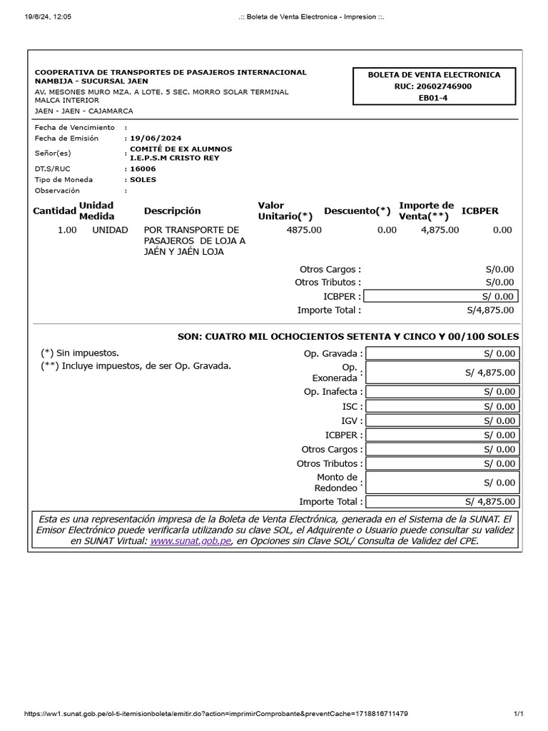 Boleta de Venta Eb01-0004 Jaen Loja | PDF