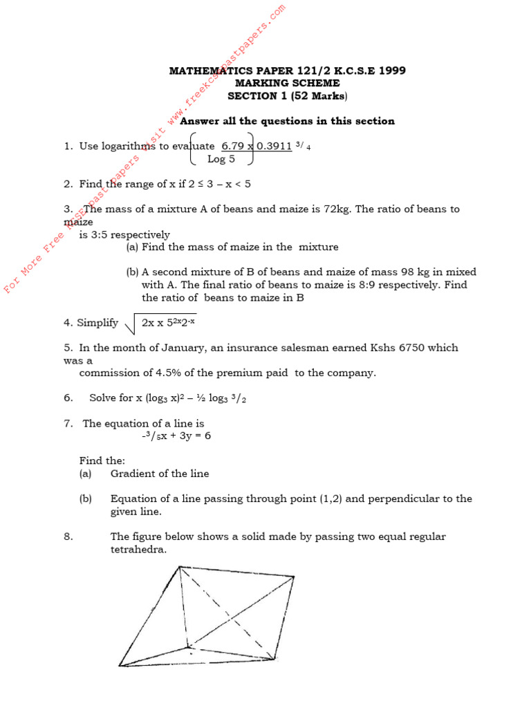 Kcse 1999 Mathematics Paper - 2 | PDF | Mathematics