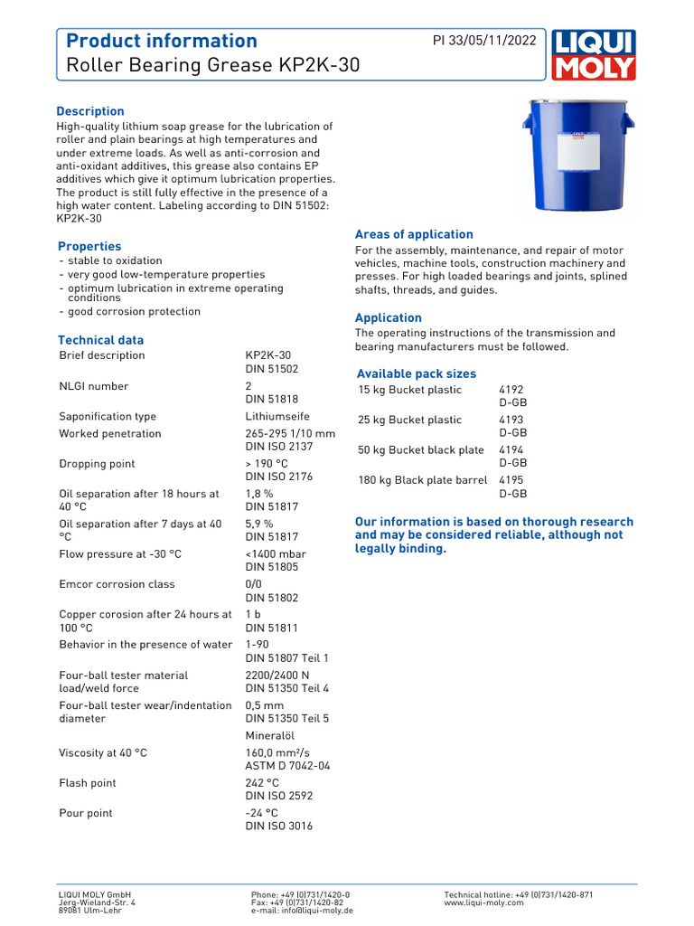 P000372 Roller Bearing Grease KP2K 30 33 en - GB | PDF | Bearing ...