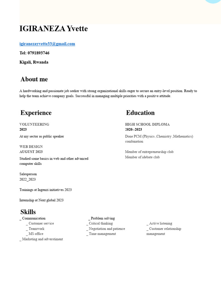 Igiraneza Yvette CV | PDF