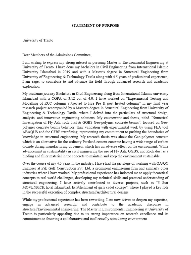 University of Trento (Environmental Engg) SOP | PDF | Engineering