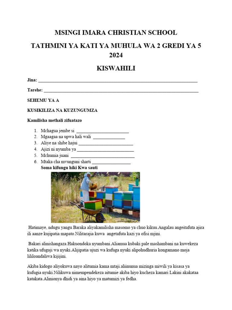Kiswahili Grade 5 Midterm 2-2024 | PDF