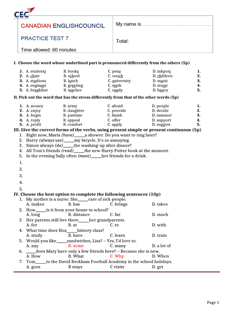 Classwork Practice Test 7 | PDF