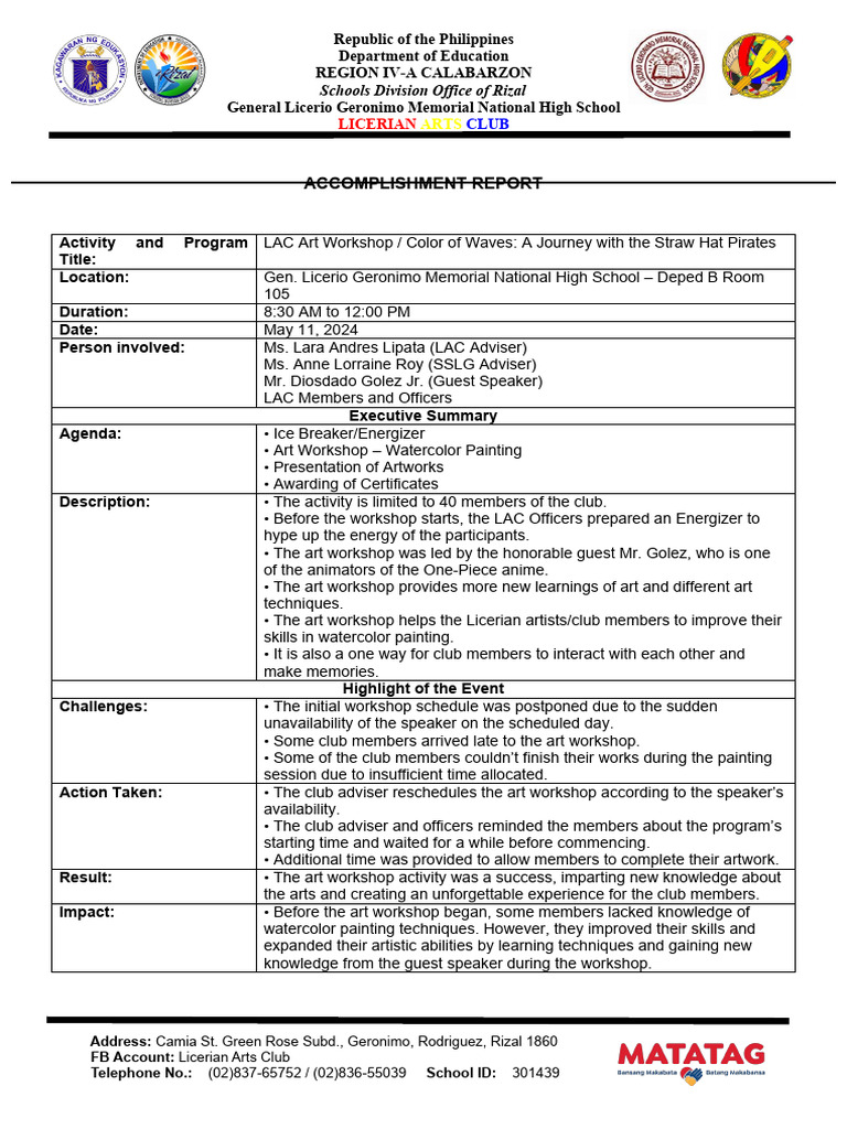 LAC AccomplishmentReport ArtWorkshop | PDF | Art