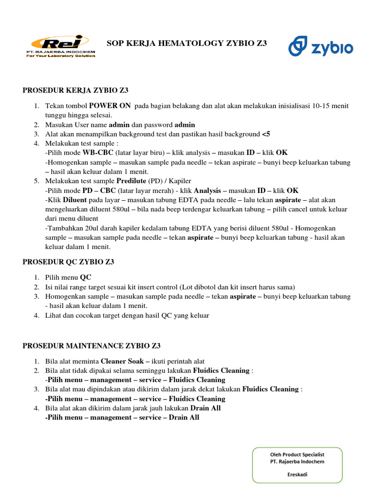 Sop Kerja Hematology Zybio z3 | PDF