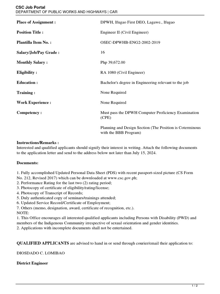 DEPARTMENT OF PUBLIC WORKS AND HIGHWAYS-Engineer II Civil Engineer | PDF